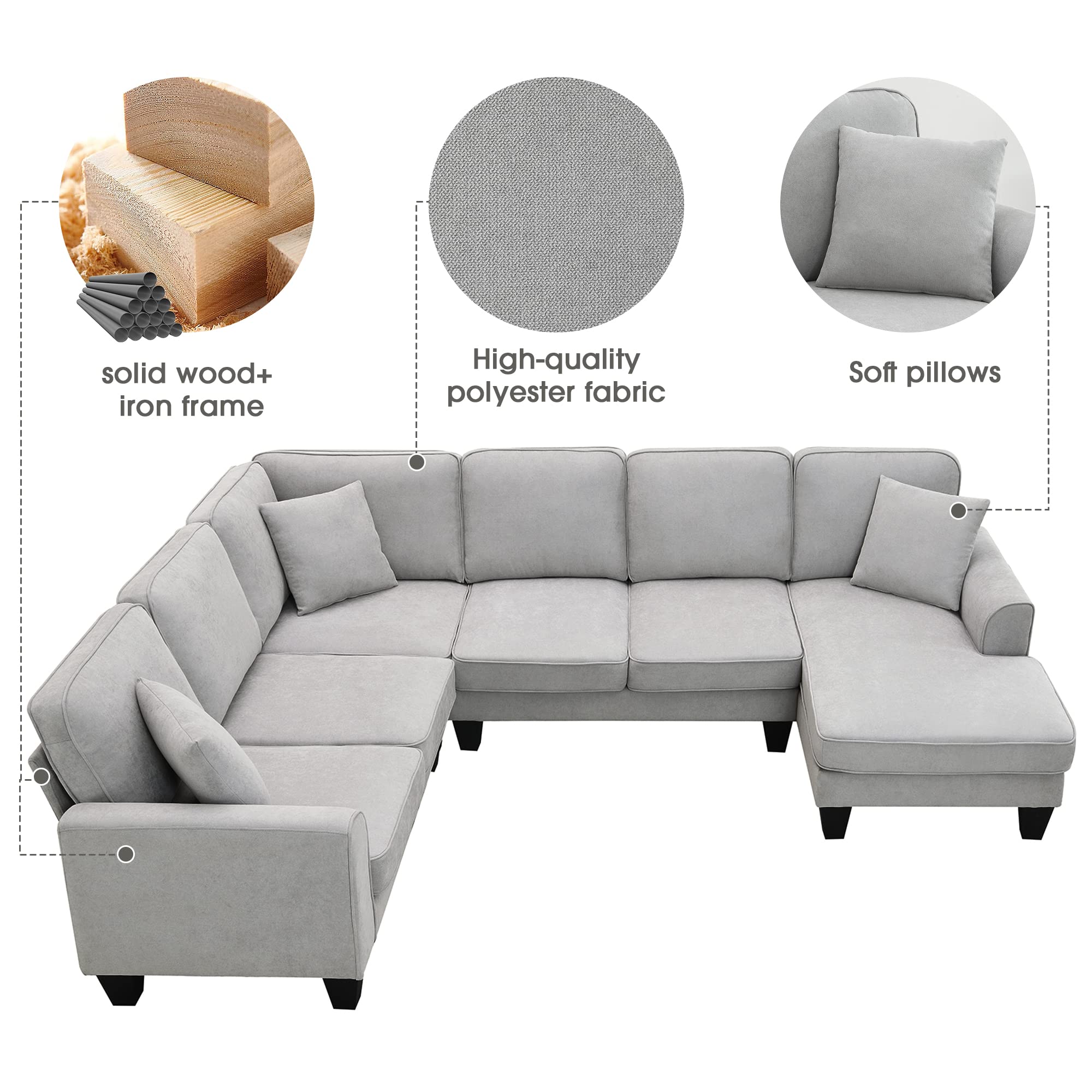 U Shape Sectional Sofa, 7-Seat Fabric Sectional Sofa Set with 3 Pillows,Fabric Corner Couch with Backrest and Armrest for Living Room, Apartment, Office (Light Grey)