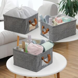 3pc 10 liters linen storage baskets with dust-proof opening & handles & visible window, foldable small fabric bins decorative basket organizer boxes for organizing dresser shelves