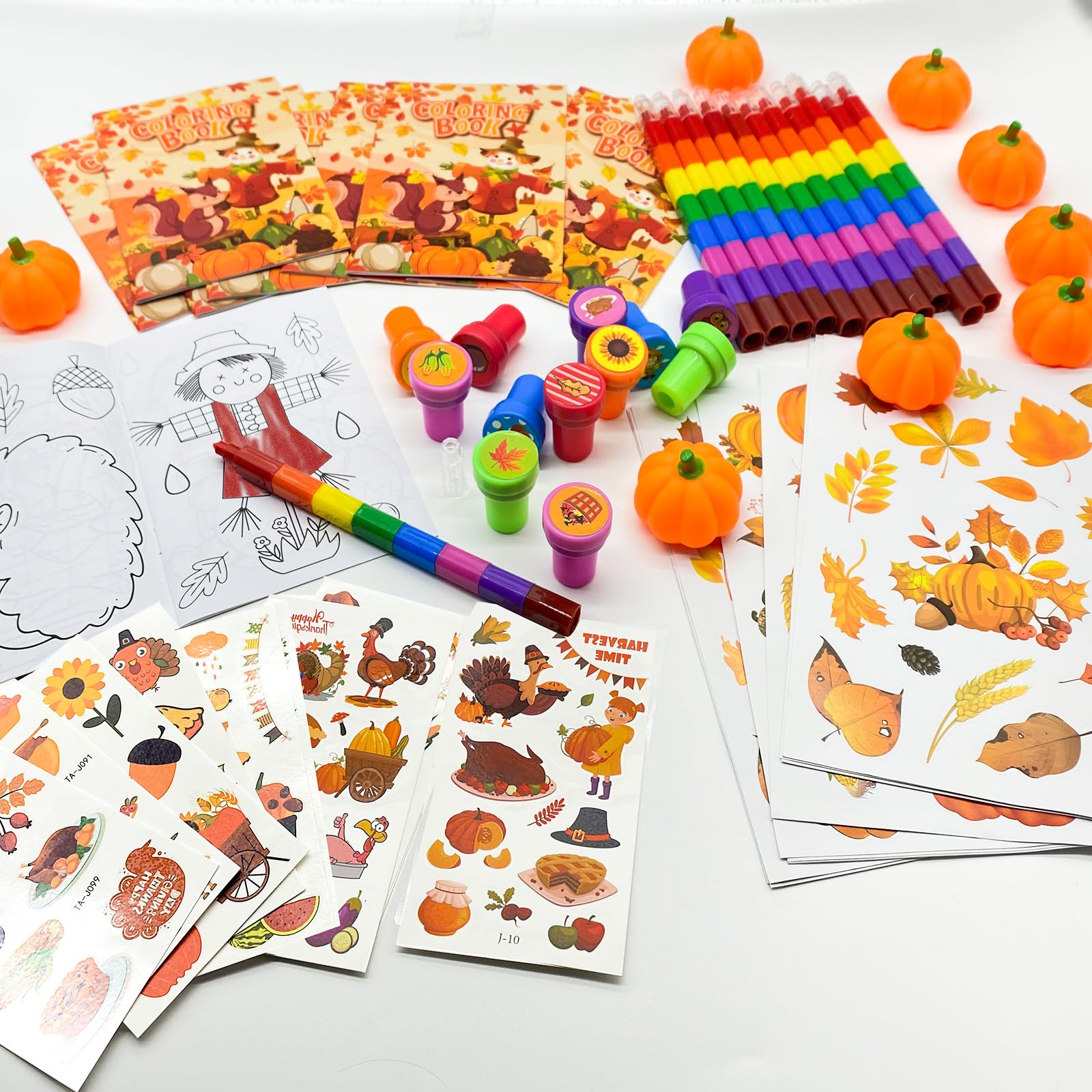 Cinrobiye 72 Pcs Fall Party Favors Thanksgiving Day Fall Coloring Books Squishy Pumpkins Tattoo DIY Sticker Stampers Class Reward Prizes for Autumn Harvest School Party