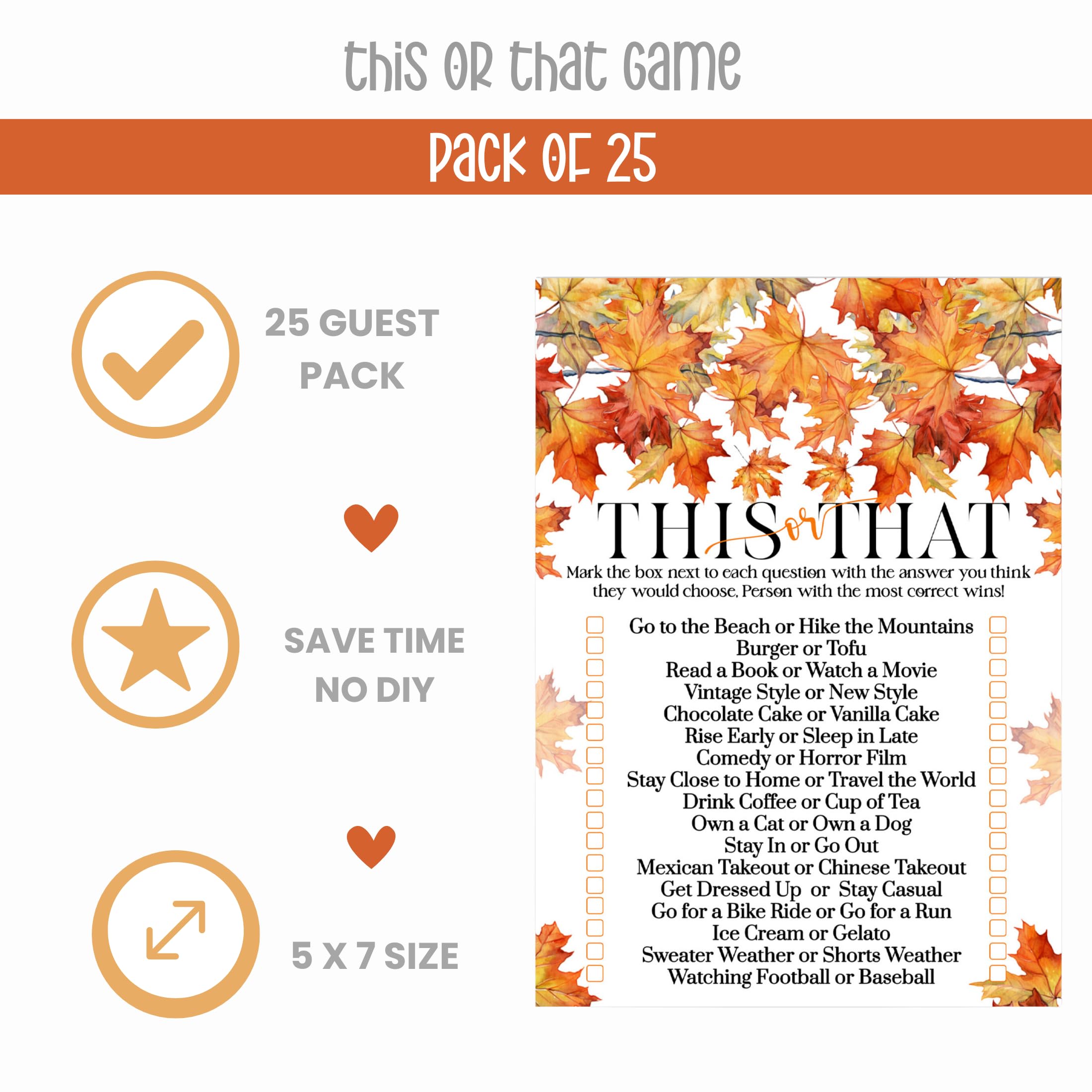 Fall in Love Bridal Shower Games – 25 Pack, Premium Quality 5x7 Cards, Fun Wedding Would She Rather Activity, Perfect for Rehearsal, Couples, Birthdays, and This or That Party Game