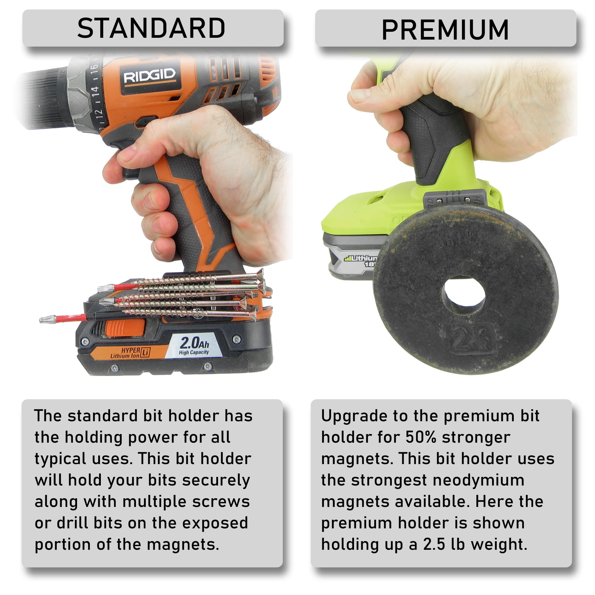 Halberd Bit Holder, Magnetic, Universal, Horizontal Storage for Hand Clearance, Screws to Belt Clip Mount, for Milwaukee, DeWalt, Ridgid, Makita, Bosch, Ryobi, More - 2 Pack