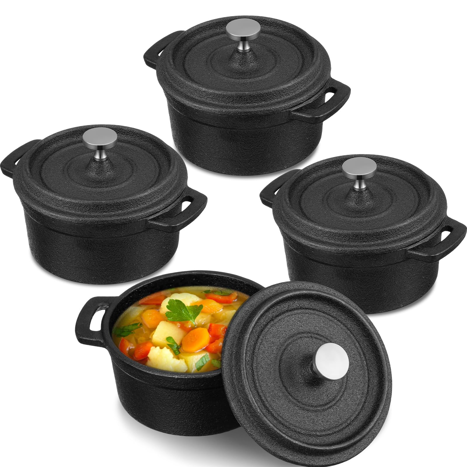 Suttmin 4 Pcs Mini Dutch Oven Small Round Iron Cocotte Black Dutch Oven Pot with Lid and Dual Handles Cast Iron Pot for Stovetop Use Marinate Cook Bake Refrigerate Garlic Roaster BBQ Grill (8 oz)