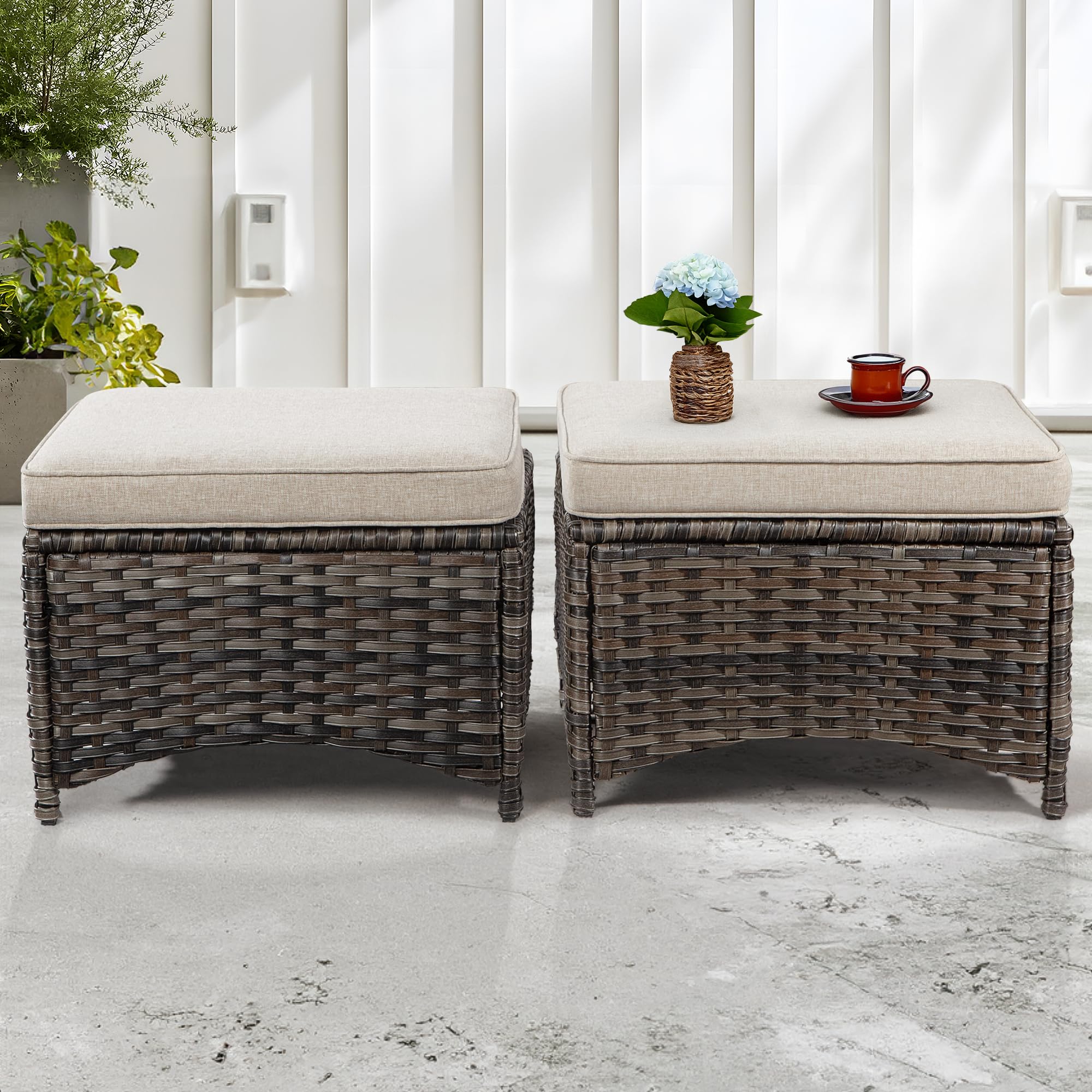 Joyside Outdoor Ottomans for Patio Set of 2 PE Wicker Steel Frame Outdoor Footstool with Removable Olefin Cushions for Garden, Patio, Backyard and Deck, Beige