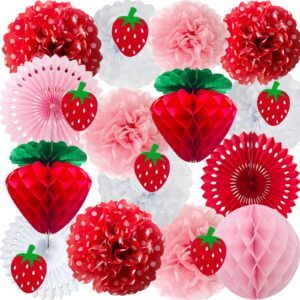 ansomo strawberry party decorations red pink white tissue pom poms fans honeycom balls lanterns garland classroom berry sweet fruits 1st one birthday bridal baby shower décor supplies girls