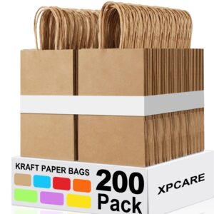 xpcare 200pcs paper gift bags 5.25x3.25x8.25'',gift wrap bags with handles brown kraft paper bags for small business paper bags bulk for birthday party favors shopping retail