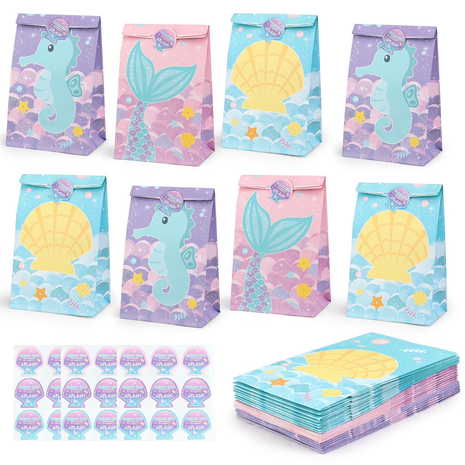 HEJIN 30PCS Mermaid Party Favor Bags with Stickers, Mermaid Birthday Decorations - Great for Girls Kids Under the Sea Party Favors, Birthday Party, Baby Shower, Easter, Wedding, Halloween