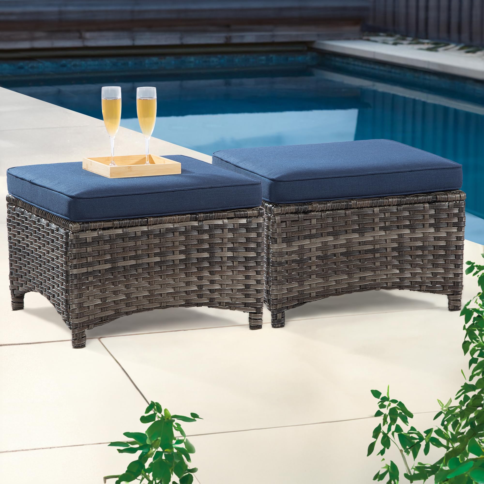 Joyside Outdoor Ottomans for Patio Set of 2 PE Wicker Steel Frame Outdoor Footstool with Removable Olefin Cushions for Garden, Patio, Backyard and Deck, Blue