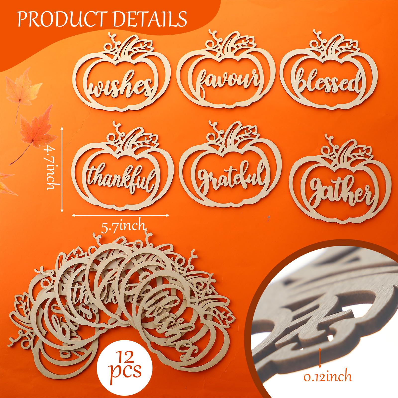 Qunclay 12 Pcs Thanksgiving Plate Decor Pumpkin Wood Cutouts Fall Thankful Blessed Thanksgiving Table Decor Fall Word Plate Sign Place Cards Settings for Autumn Rustic Letter Decorations