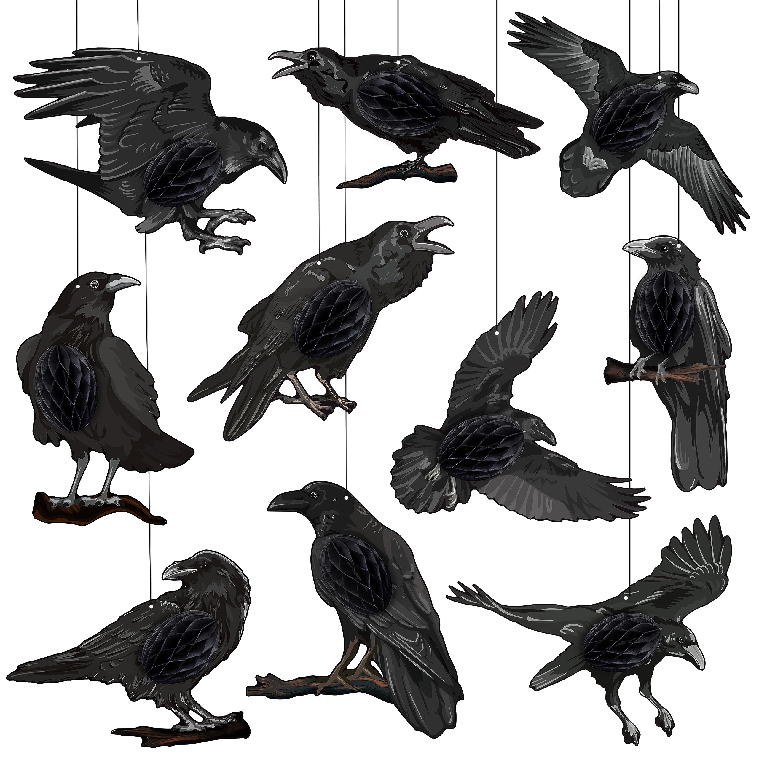 Halloween Black Crows Decorations Honeycomb Paper Cutouts Halloween Tree Hanging Decorations Bird Raven Banner Garland Centerpiece for Halloween Birthday Baby Shower Wedding Party Supplies (Raven 10P)