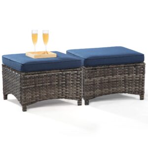 joyside outdoor ottomans for patio set of 2 pe wicker steel frame outdoor footstool with removable olefin cushions for garden, patio, backyard and deck, blue