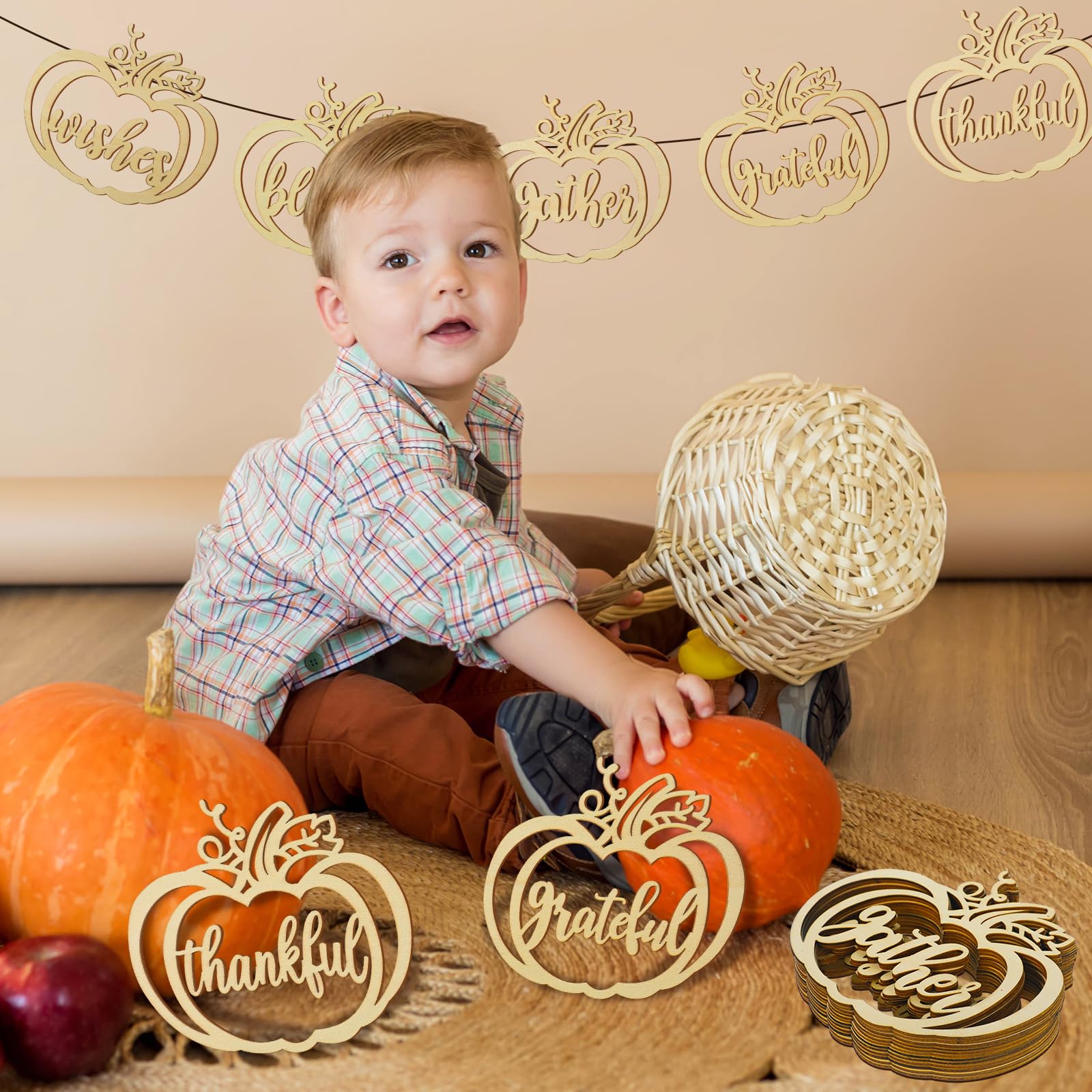 Qunclay 12 Pcs Thanksgiving Plate Decor Pumpkin Wood Cutouts Fall Thankful Blessed Thanksgiving Table Decor Fall Word Plate Sign Place Cards Settings for Autumn Rustic Letter Decorations