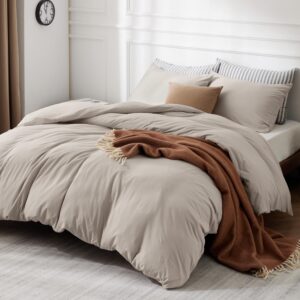 Bedsure White King Prewashed Microfiber Duvet Cover Set + Tannish Linen 100% Jersey Knit Cotton Duvet Cover Set, Zipper Closure, King Size