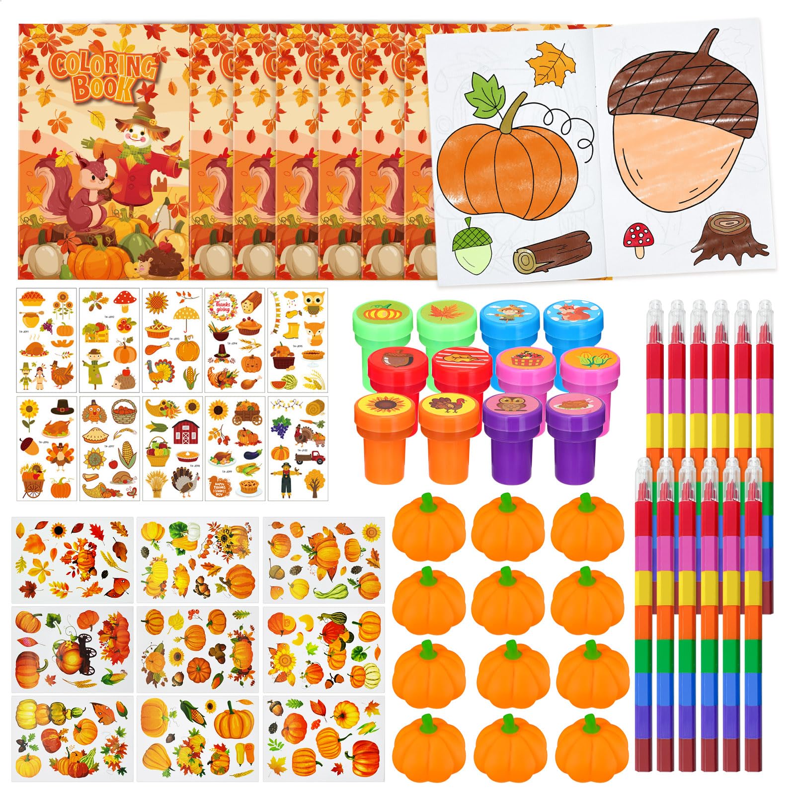 Cinrobiye 72 Pcs Fall Party Favors Thanksgiving Day Fall Coloring Books Squishy Pumpkins Tattoo DIY Sticker Stampers Class Reward Prizes for Autumn Harvest School Party