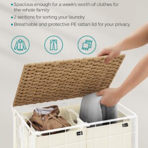 SONGMICS Laundry Hamper, 110L Laundry Basket with Lid, Clothes Hamper with Wheels, Collapsible Removable Liner Bag, Iron-Made Laundry Sorter, Natural Beige and Cream White ULCB211N01