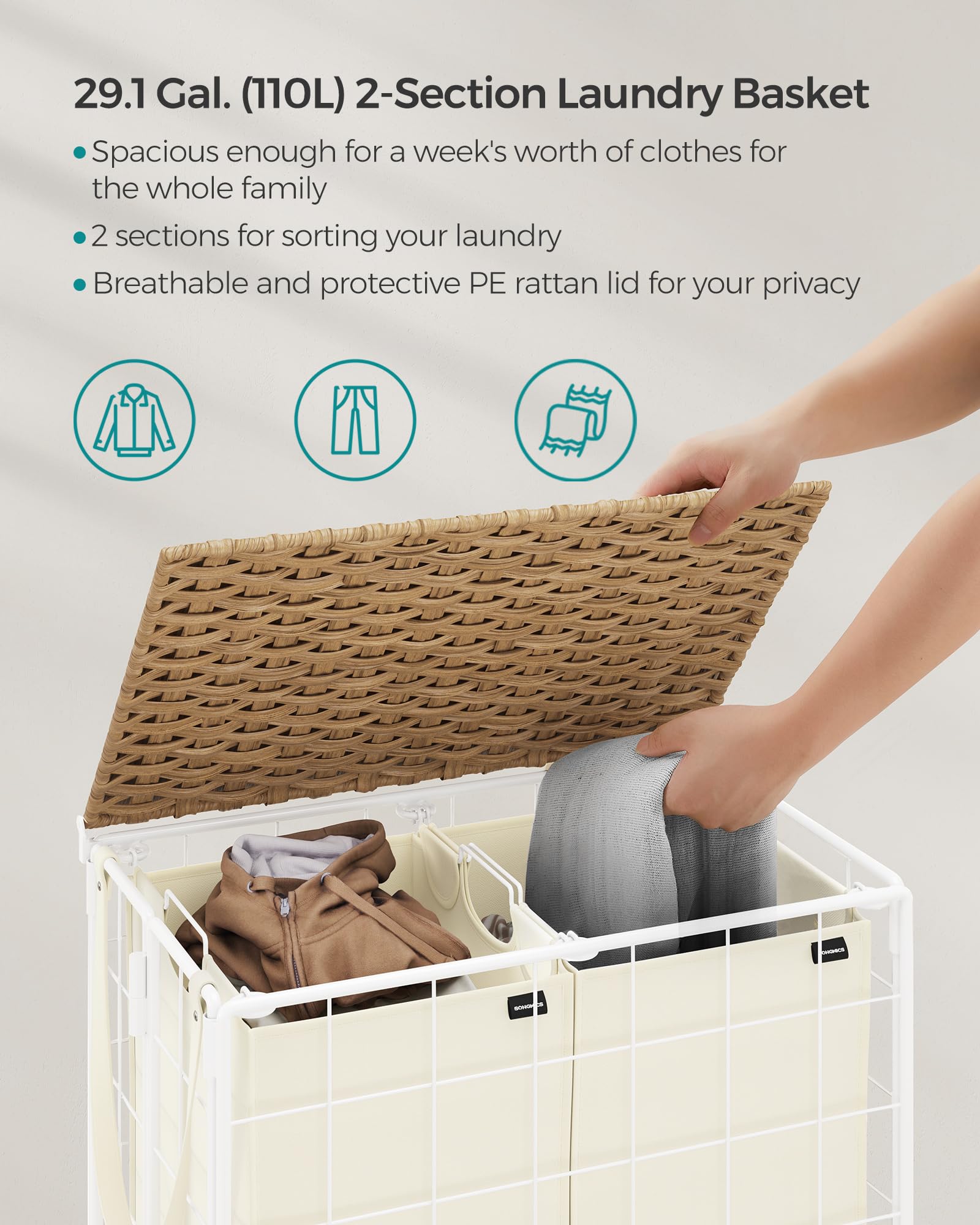 SONGMICS Laundry Hamper, 110L Laundry Basket with Lid, Clothes Hamper with Wheels, Collapsible Removable Liner Bag, Iron-Made Laundry Sorter, Natural Beige and Cream White ULCB211N01