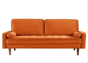 us pride furniture velvet tufted sofa, iconic mid-century style living room furniture with contemporary silhouette, button tufting and wood legs, includes 2 bolster pillows, couch, orange