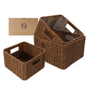 weenest storage basket, wicker storage cubes, wicker basket, pantry basket, wicker storage baskets, basket with handle, square basket, resin wicker set of 3, toffee