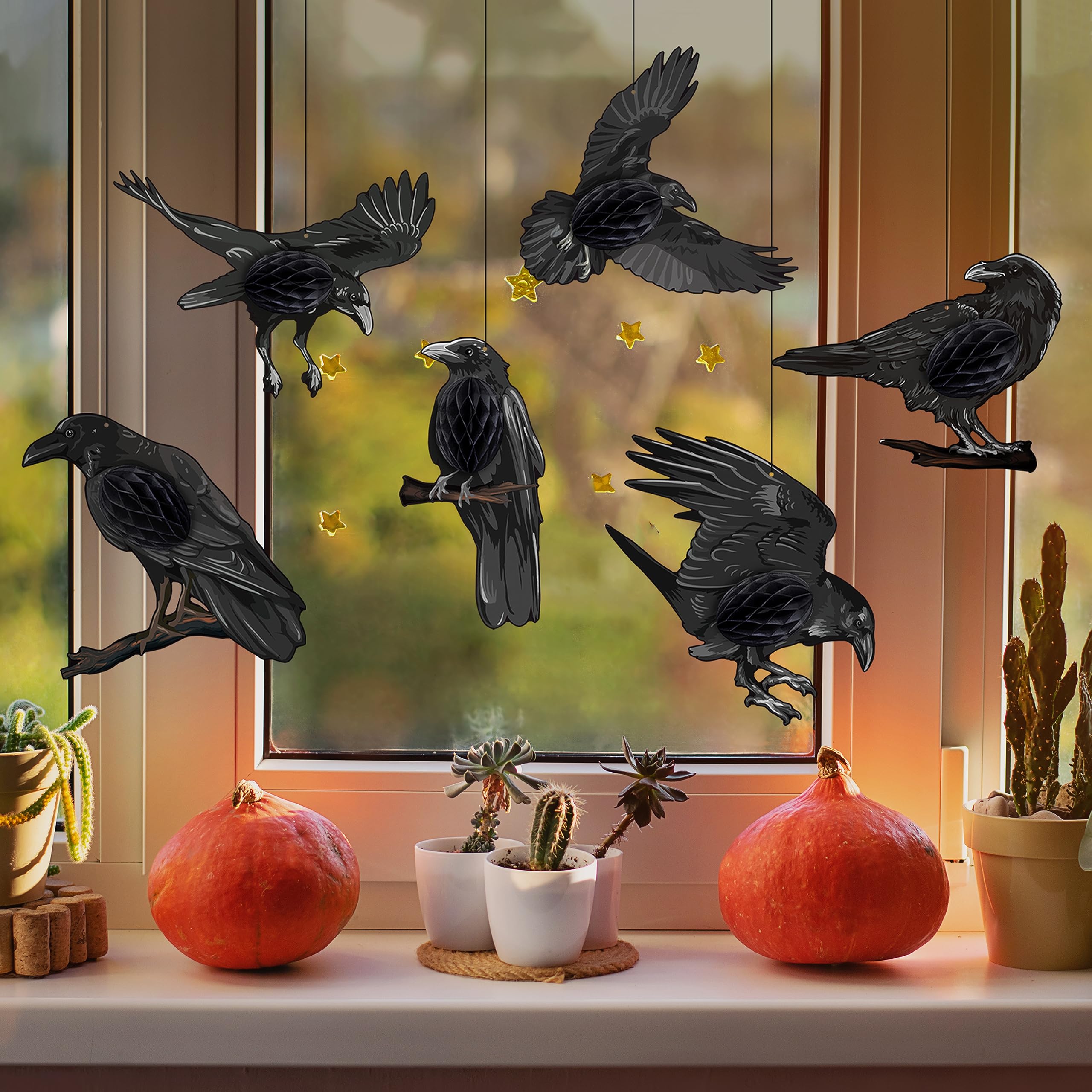 Halloween Black Crows Decorations Honeycomb Paper Cutouts Halloween Tree Hanging Decorations Bird Raven Banner Garland Centerpiece for Halloween Birthday Baby Shower Wedding Party Supplies (Raven 10P)