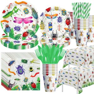 xenorik bug birthday party decorations tableware - bug party supplies, plate, cup, napkin,tablecloth, cutlery, spring summer nature insect theme birthday baby shower party decorations | serve 24