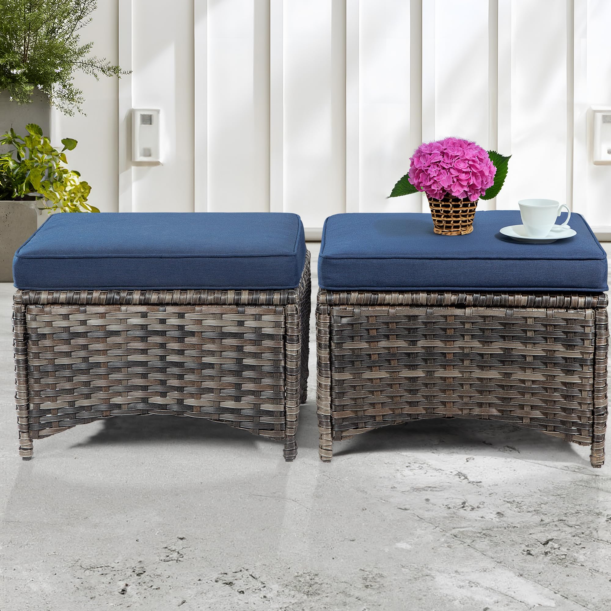 Joyside Outdoor Ottomans for Patio Set of 2 PE Wicker Steel Frame Outdoor Footstool with Removable Olefin Cushions for Garden, Patio, Backyard and Deck, Blue