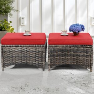 Joyside Outdoor Ottomans for Patio Set of 2 PE Wicker Steel Frame Outdoor Footstool with Removable Olefin Cushions for Garden, Patio, Backyard and Deck, Red