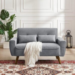 Jarenie 48" Loveseat Sofa, 2 Seater Love Seat Mid Century Modern Small Couches for Living Room Bedroom Apartment, 2 Throw Pillows and Wooden Legs, Light Grey