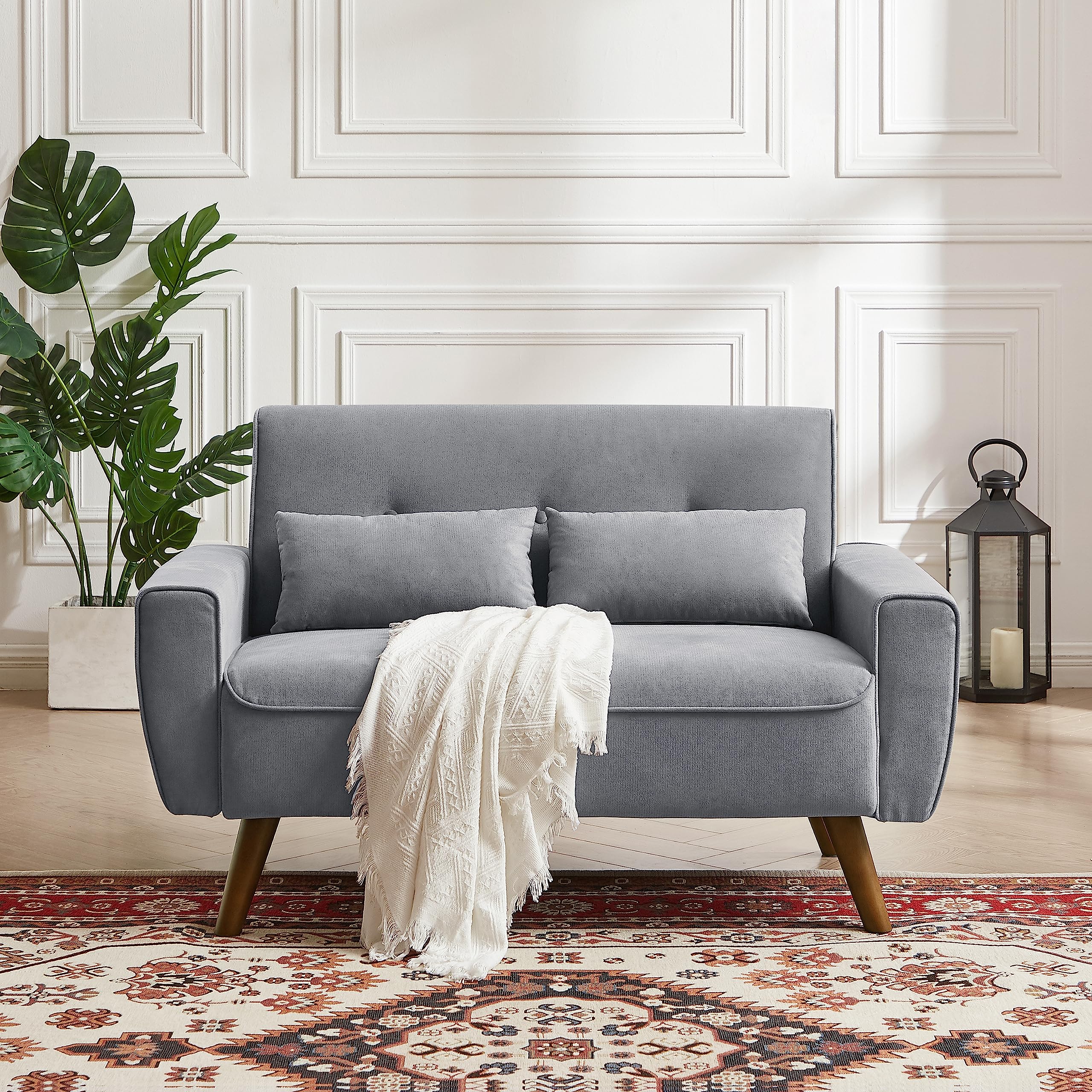 Jarenie 48" Loveseat Sofa, 2 Seater Love Seat Mid Century Modern Small Couches for Living Room Bedroom Apartment, 2 Throw Pillows and Wooden Legs, Light Grey