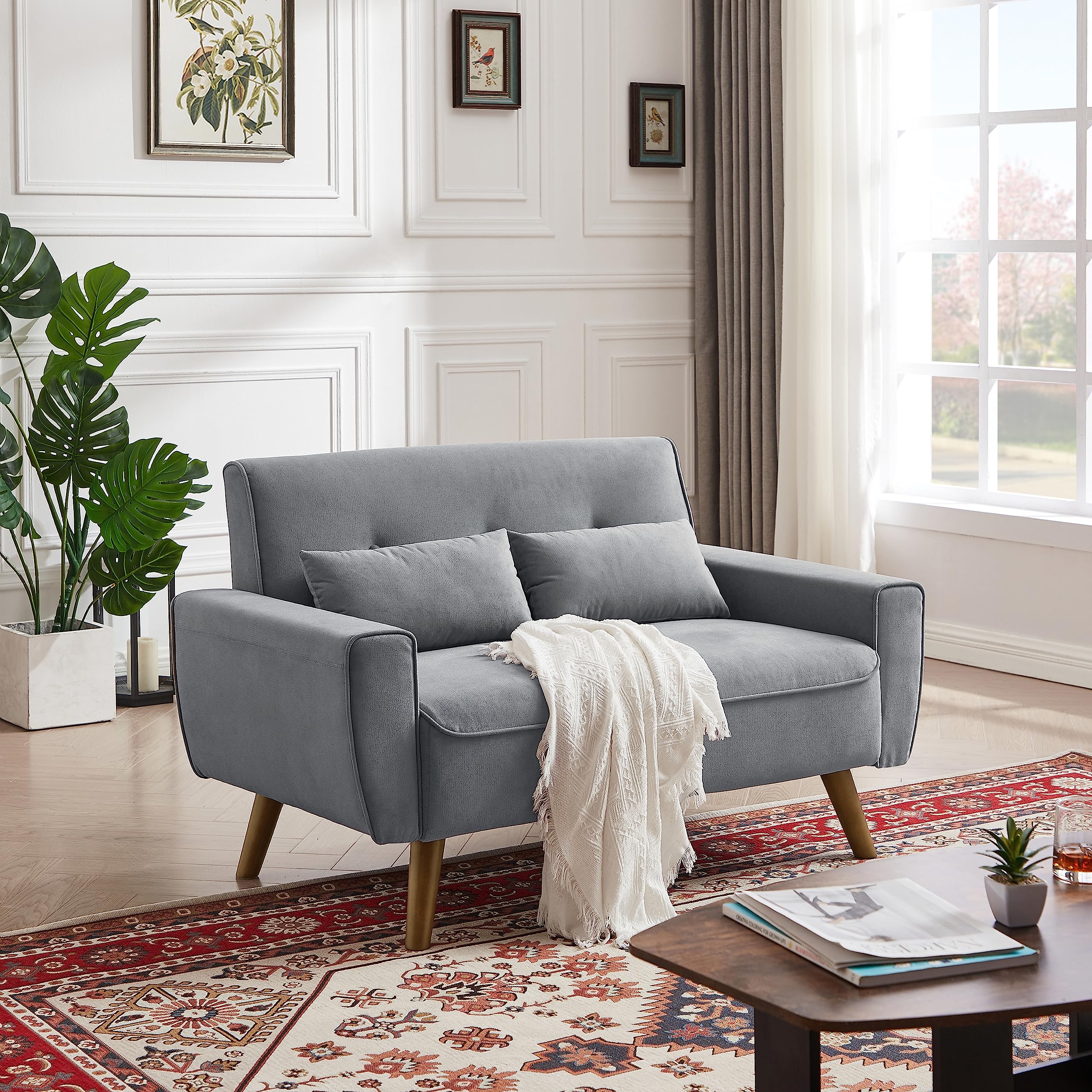 Jarenie 48" Loveseat Sofa, 2 Seater Love Seat Mid Century Modern Small Couches for Living Room Bedroom Apartment, 2 Throw Pillows and Wooden Legs, Light Grey