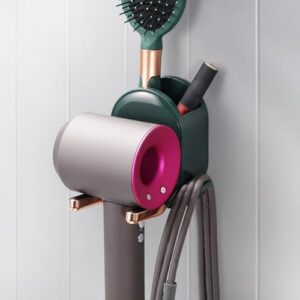 letaii hair dryer holder wall mounted, 2-in-1 self adhesive blow dryer holder for bathroom, fits dyson hair dryers & more, dark green