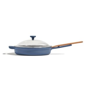 our place cast iron always pan | premium enameled, toxin-free surface | 10-inch 8-in-1 multifunctional cookware system | lid, handle covers | heavy duty skillet | oven & high heat safe | blue salt