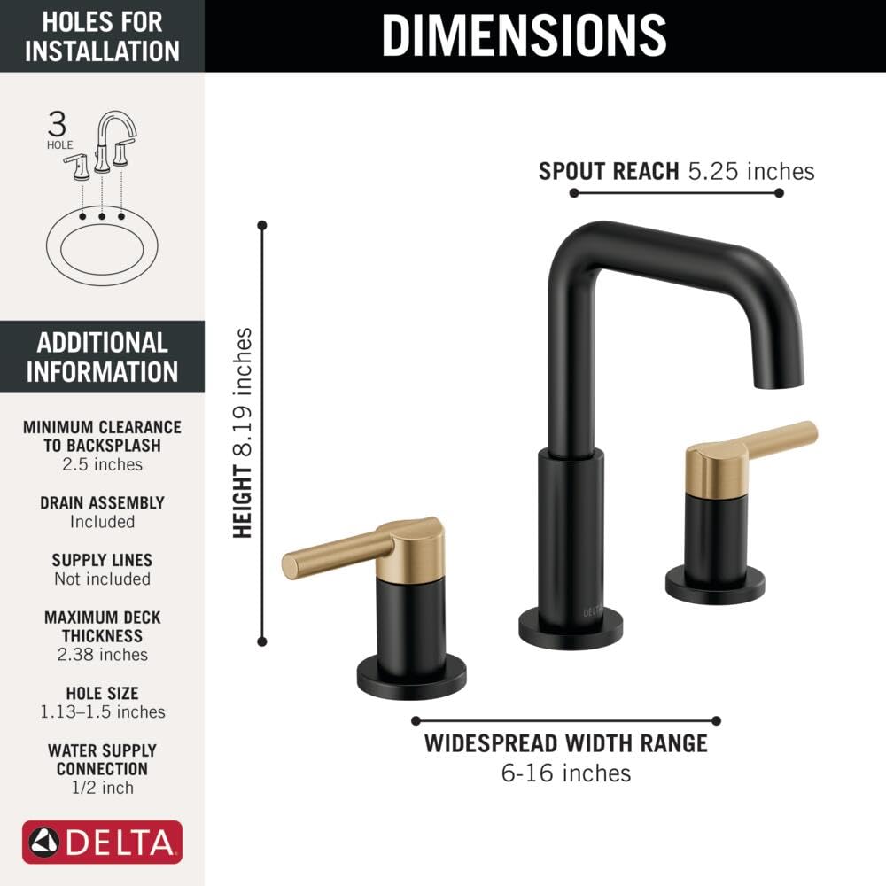 Delta Faucet Nicoli Widespread Bathroom Faucet 3 Hole, Black/ Gold Bathroom Faucet, 2 Handle Bathroom Faucet, Bathroom Sink Faucet, Drain Assembly, Matte Black/ Champagne Bronze 35849LF-GZ