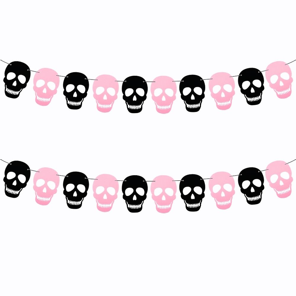 SaktopDeco 2 Pack Black Pink Skull Garland Banner Felt Skeleton Garland Halloween Banner for DIY Gothic Decorations Halloween Home Decor