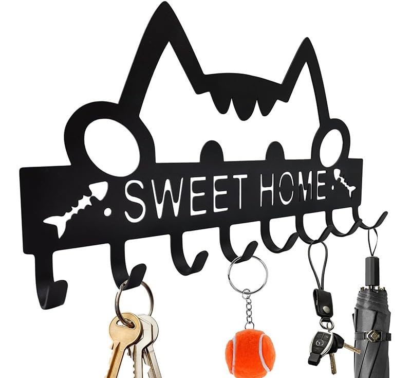 Fermus Cat Key Hook for Wall Key Holder Wall Mounted Metal Home Key Rack Keychain Hanger with 8 Hooks for Entryway, Backdoor 11 x 6.3 Inches