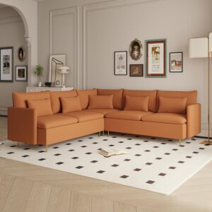 bamooli 92 × 92'' modular sectional couch, comfy boucle teddy fabric corner sofa, l shape sectional sofa 5-seater couch with gold metal legs, corner couch for living room, bedroom, apartment, orange