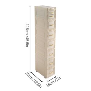 CNCEST 7 Tier Bathroom Floor Cabinet, Vertical Storage Unit with Drawers and Casters, Large Capacity Narrow Tall Slim Storage Tower, Waterproof Toilet Paper Storage Cabinet for Small Spaces Gaps