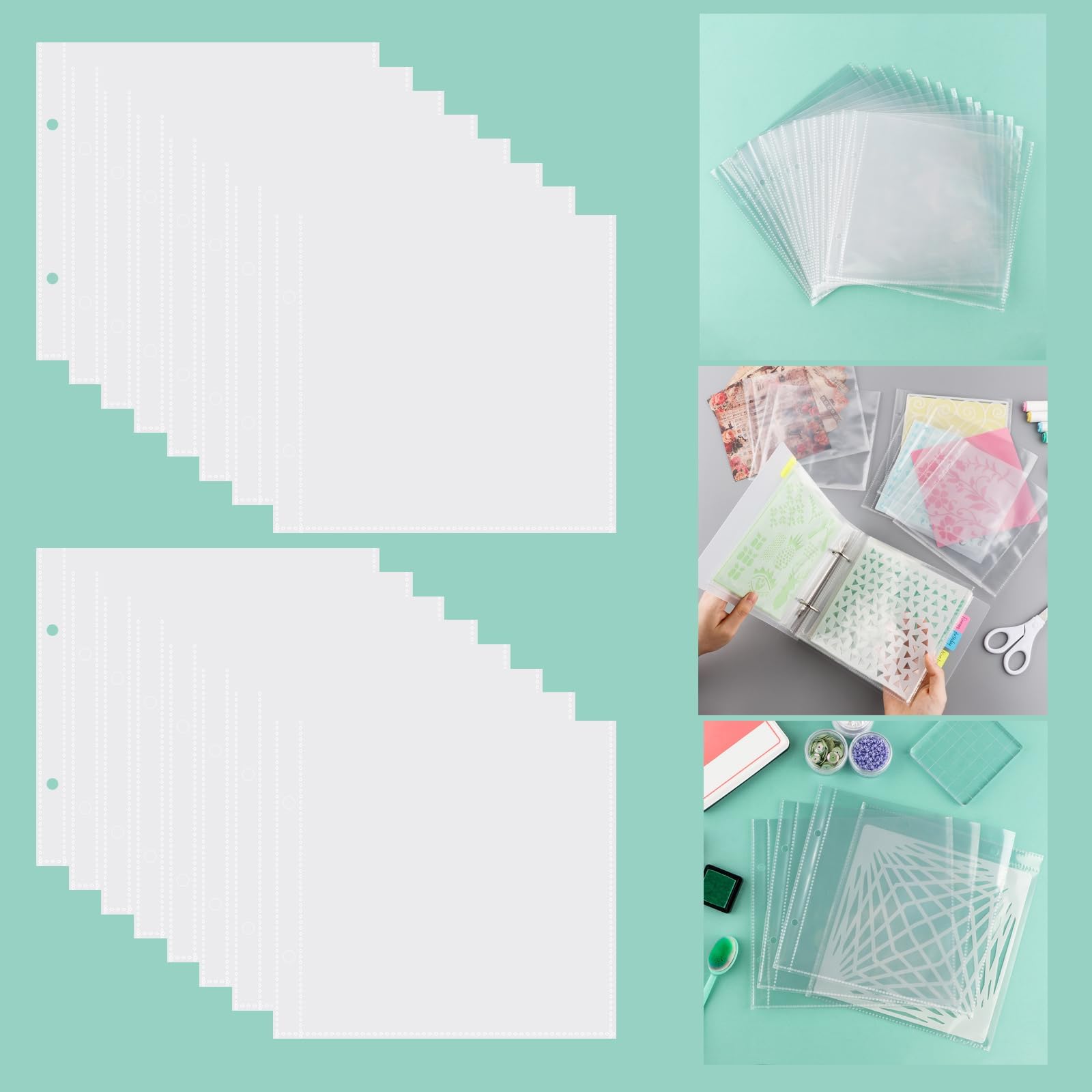 BAOFALI 100 Pags 6" X6" Clear Plastic Binder Pockets,2 Holes 2 Pockets Per Page, can Fit More Stencils,Made Exclusively for Stencils,Die Cuts,Photos,Stamps Within Size 6x6 Storage Bills Organizer