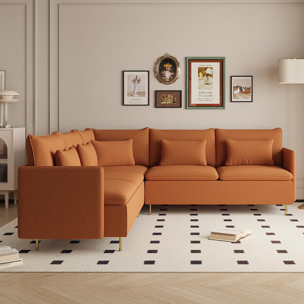 BAMOOLI 92 × 92'' Modular Sectional Couch, Comfy Boucle Teddy Fabric Corner Sofa, L Shape Sectional Sofa 5-Seater Couch with Gold Metal Legs, Corner Couch for Living Room, Bedroom, Apartment, Orange