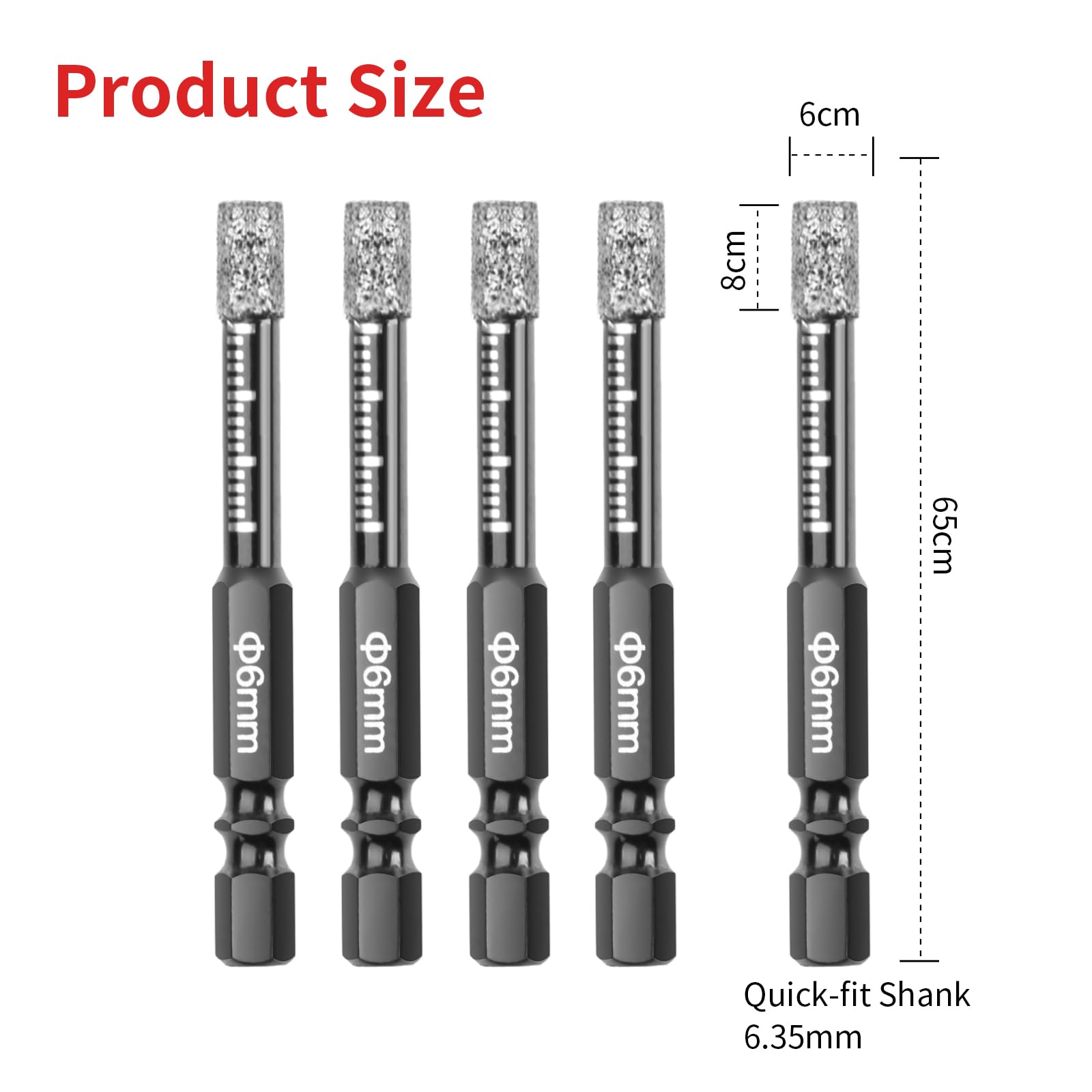 Diamond Drill Bits,NOEAIKE 10-Pack 1/4"(6mm) Dry Diamond Core Drill Bit Set for Ceramic,Granite,Tile,Glass,Marble,Brick,Stone with 1/4 Hex Shank