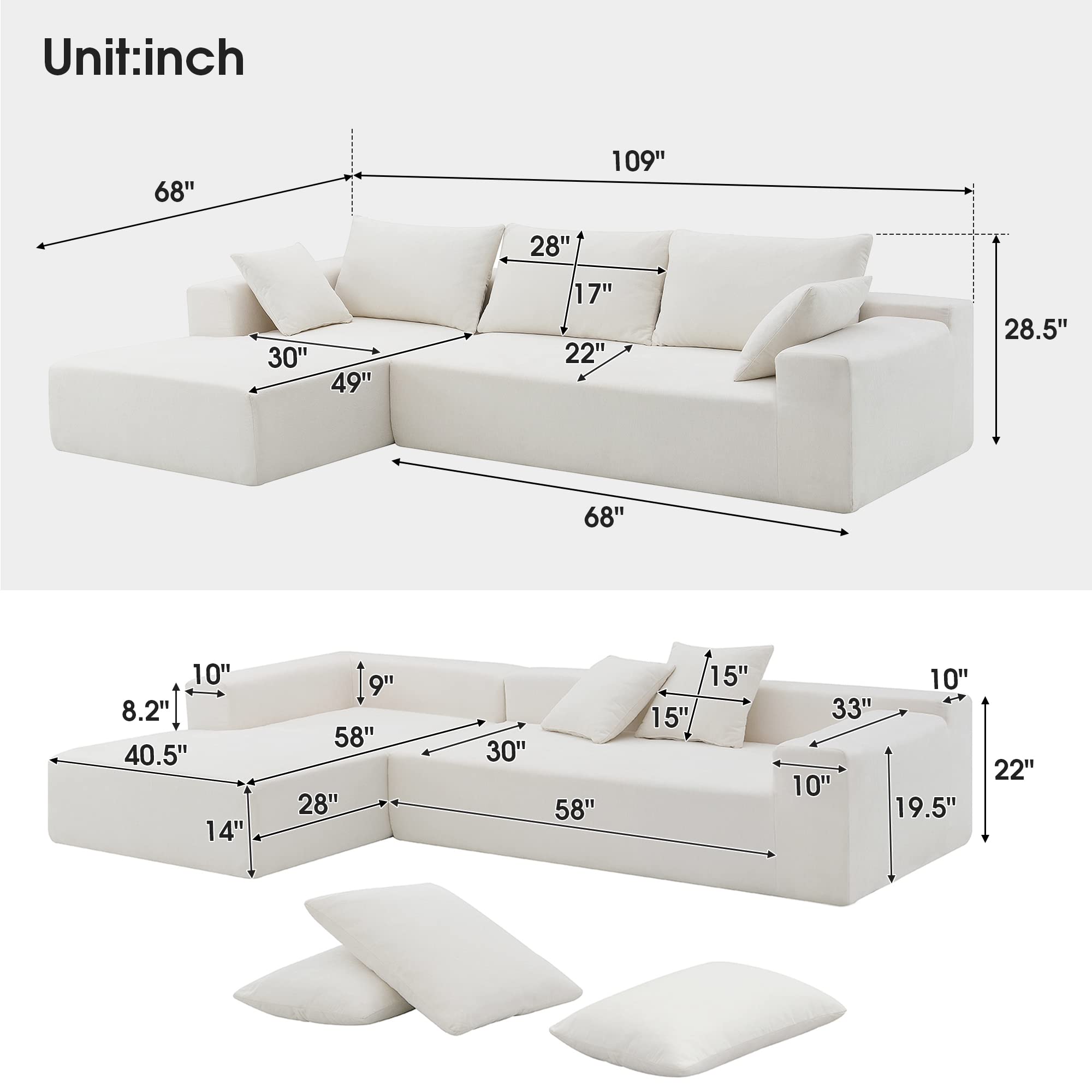 Aiuyesuo 109 * 68" Modular Sectional Living Room Sofa Set, L-Shape Modern Minimalist Style Couch, 2 PC Free Combination Upholstered Sleeper Sofa for Living Room/Bedroom/Salon (White-JZP078)