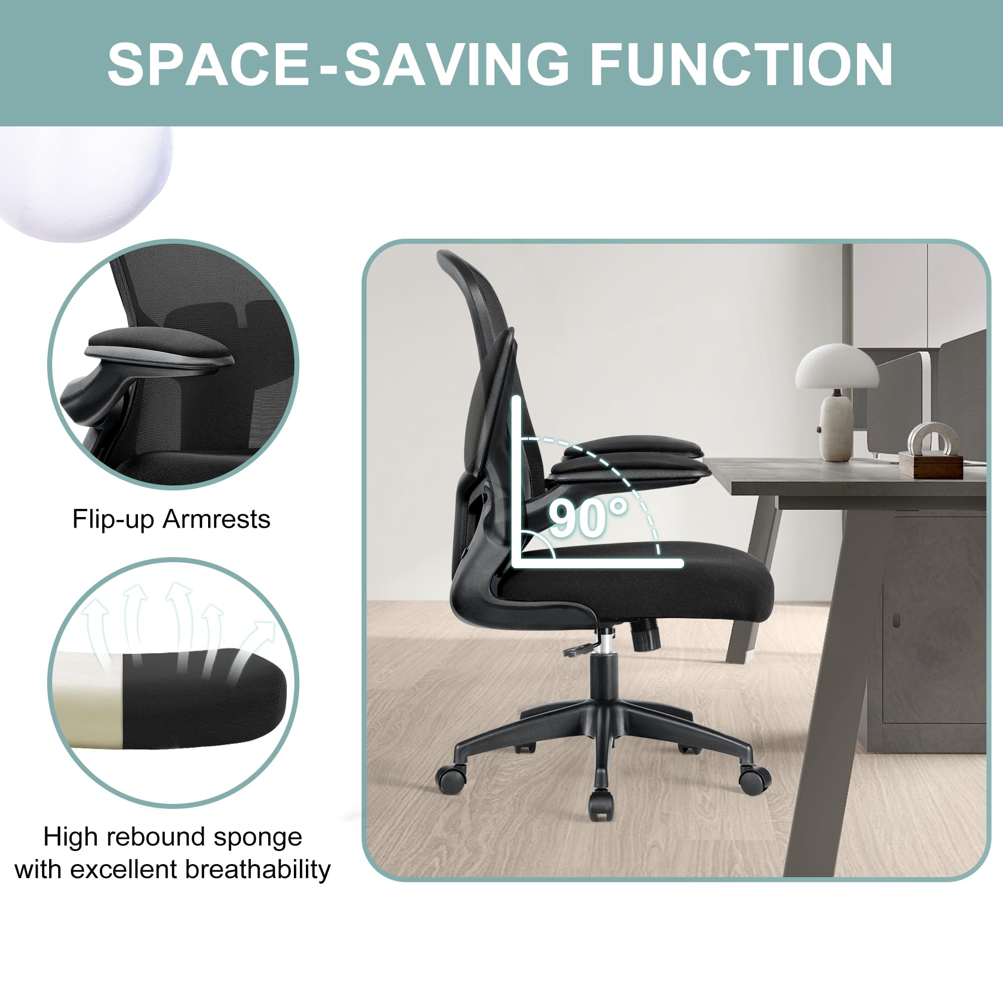 Brick Attic Office Chair, Ergonomic Desk Chair with Lumbar Support and Flip-up Armrest, Height Adjustable Mesh Swivel Computer Office Chair Black