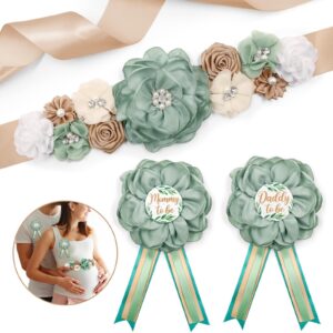 sage green maternity sash and corsage set mom to be daddy to be corsage greenery theme baby shower decorations olive green belly band gender reveal party gift keepsake pregnancy photo props