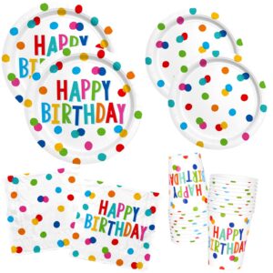 happy birthday decorations: kids' birthday party supplies with dots design - includes happy birthday plates and napkins, disposable paper cups, serves 16