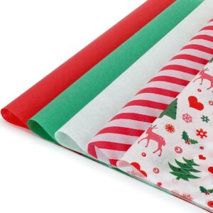 loadsfun christmas tissue paper for gift bags, 120 sheets christmas wrapping paper bulk assorted design tissue paper, red green white tissue paper for xmas decor holiday crafts (santa elk)