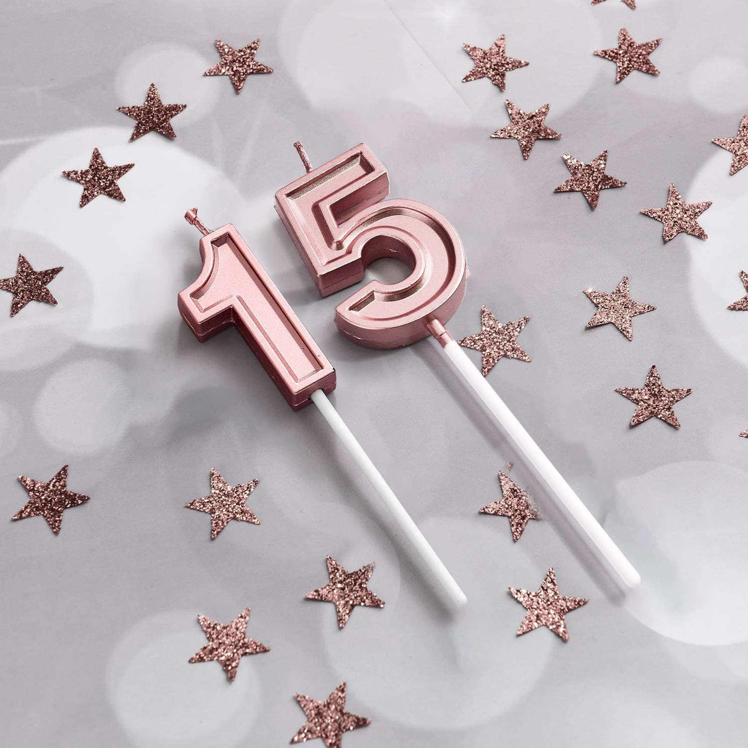 15th Birthday Cake Decorations Set Include 15th Birthday Candles Numeral 15 Cake Candles and Happy 15th Birthday Cake Toppers with Heart Star Cupcake Picks for Birthday Party (Rose Gold Series)