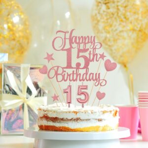 15th Birthday Cake Decorations Set Include 15th Birthday Candles Numeral 15 Cake Candles and Happy 15th Birthday Cake Toppers with Heart Star Cupcake Picks for Birthday Party (Rose Gold Series)