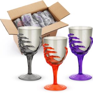 dandat 24 pcs halloween skeleton hand goblets 12oz plastic halloween cups skull wine glass set clear skeleton wine glass for creepy spooky halloween party decorations(black, purple, orange, gray)