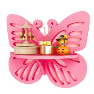 pink butterfly shaped floating shelf for girl’s room, cute wall display rack for nursery decor, small decorative shelf wall mounted, wood hanging wall shelf for toys, plants and decorations storage