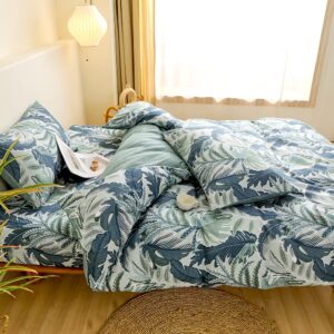 koudi tropical duvet cover set queen blue green palm leaves monstera plant bedding set rainforest botanical microfiber comforter cover with zipper ties