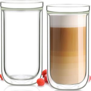 aquach double wall glass cup 16oz 2pcs, clear insulated coffee drinking glasses, single wall mouth/double wall body