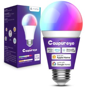 caupureye light bulbs with matter, smart light bulbs, wifi led light bulb works with alexa/google home/apple home/smartthings, hub required, smart bulb, color changing light bulb, a19, e26, 1 pack